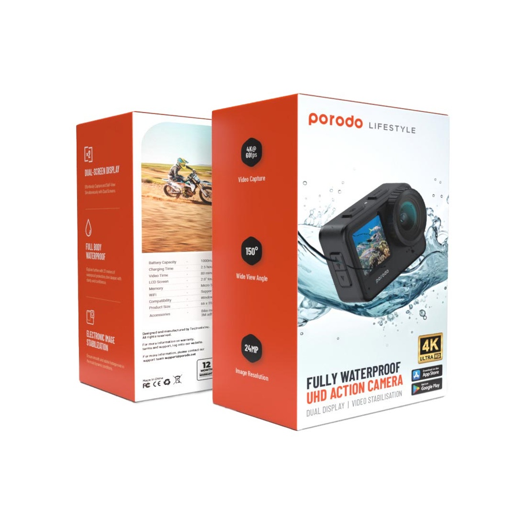 Buy Online Porodo Lifestyle Fully Waterproof UHD Action Camera Dual ...